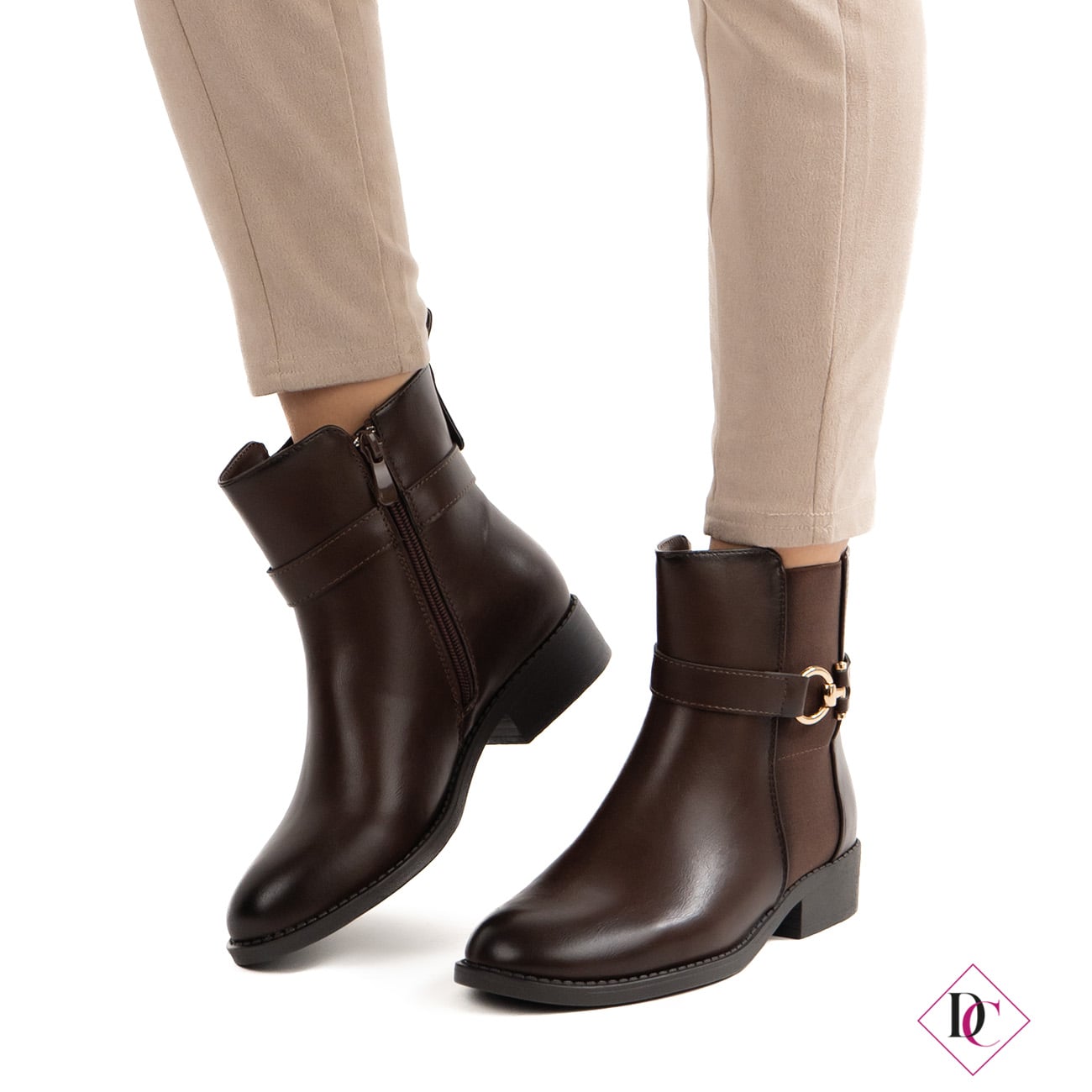 Elegant Priscilla low ankle boots with elastic bands and gold buckle